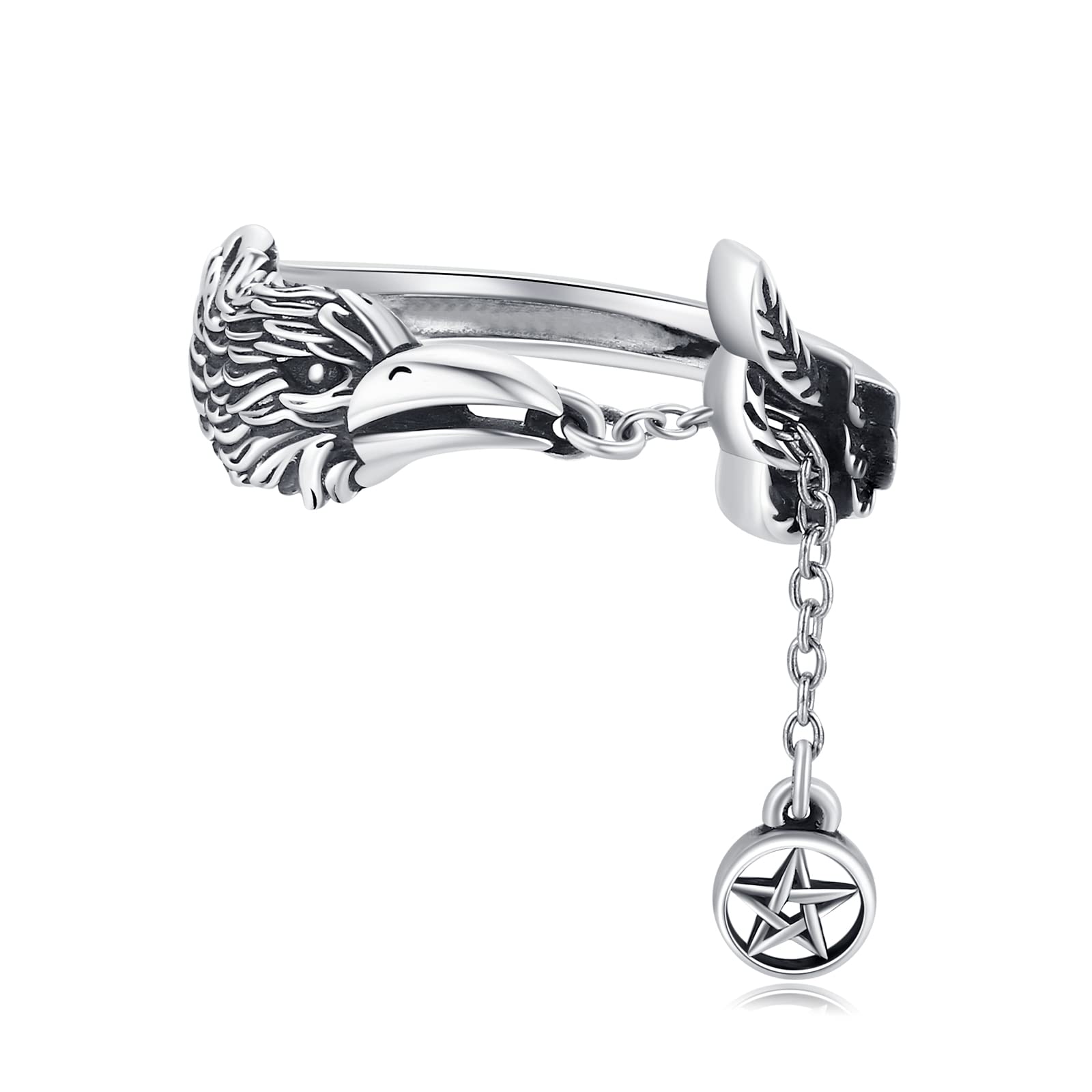 Raven Ring Sterling Silver Raven Pentagram Adjustable Viking Wiccan Amulet Ring Raven Ring Jewelry Gifts for Men Women