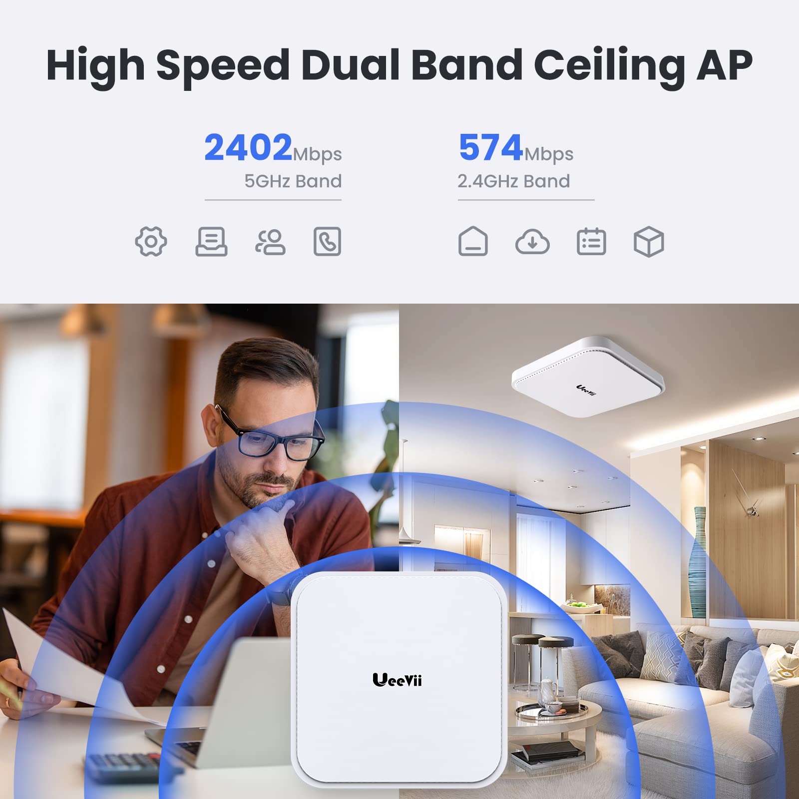 WiFi 6 Access Point,2.4G&5.8G Wireless Ceiling AP with 48V PoE Injector 3000Mbps High Speed 22dBm High-Power 4x5*dBi Antenna Gigabit RJ45 Port for House, Office, Apartment,1-Pack
