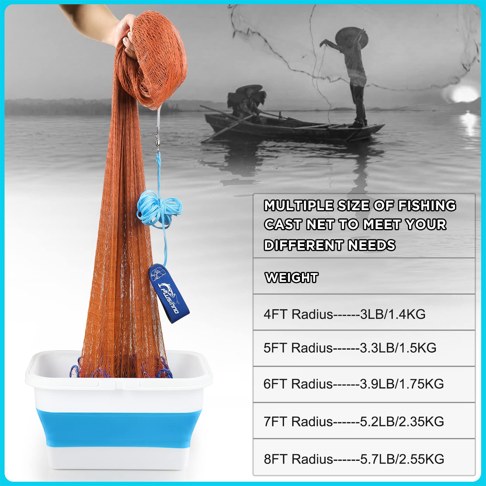 PLUSINNO Fishing Cast Net with Foldable Bucket, 3/8 Inch Mesh Size Cast Nets for Fishing, 4ft/5ft/6ft/7ft Radius Fish Casting Net Freshwater Saltwater, Heavy Duty Throw Casting Nets for Bait Fish