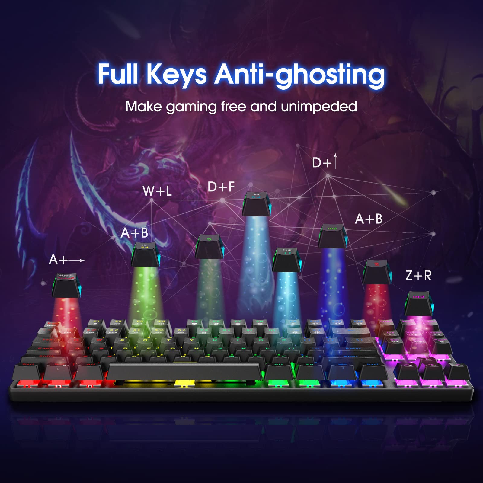 Mechanical Gaming Keyboard,Yochic LED Rainbow Backlit Ultra-Slim Wired Keyboard with Blue Switches 87 Keys,Full-Key Rollover,Ergonomic Computer PC Keyboard for Windows Mac
