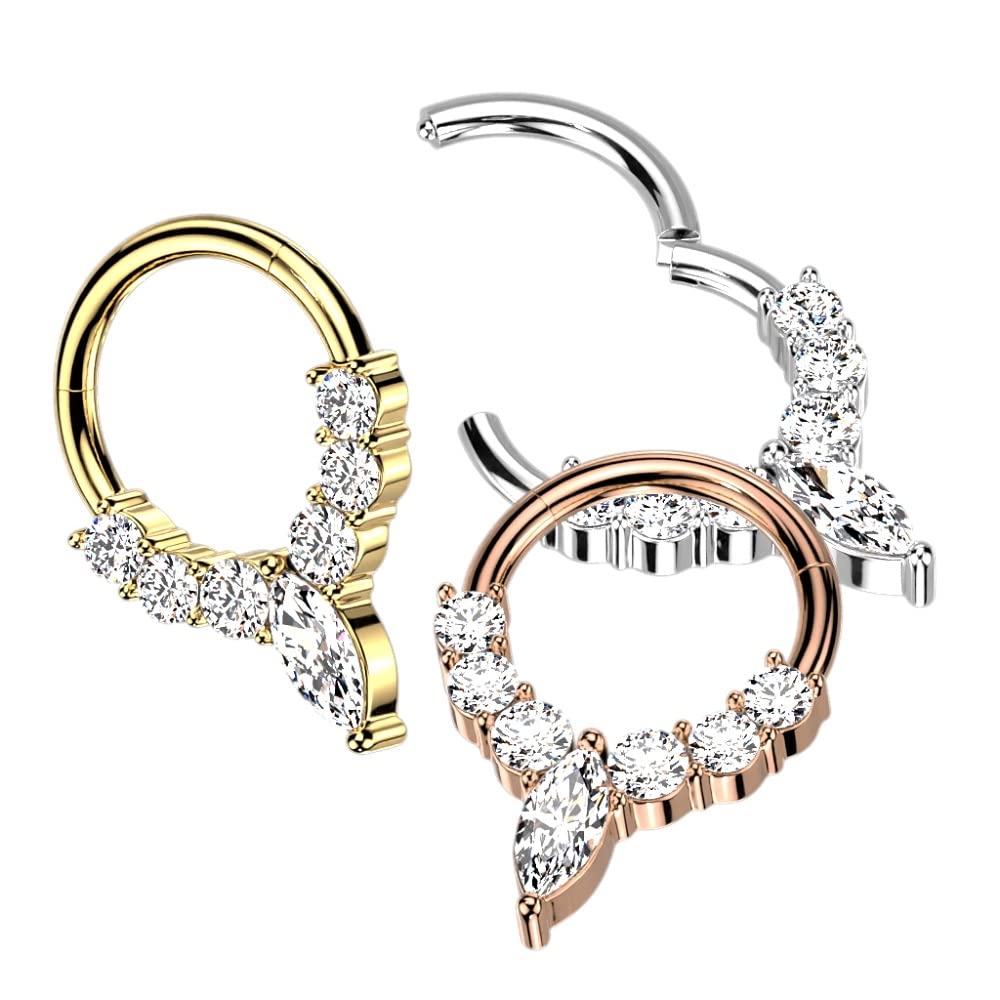 Pierced Owl 16GA Precision All 316L Stainless Steel CZ Crystal Lined and Marquise Center Hinged Segment Ring (Rose Gold Tone)