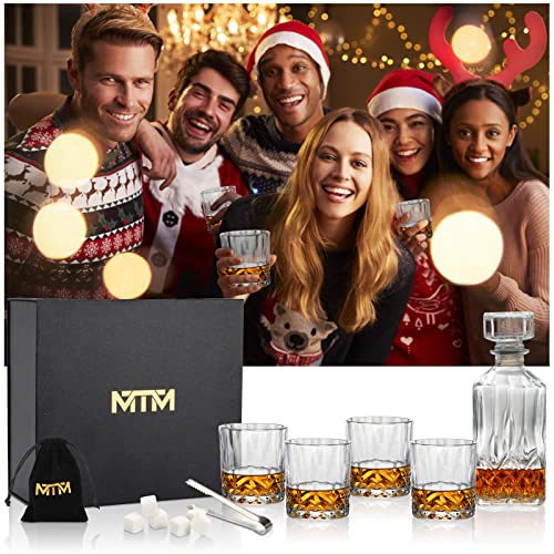 Whiskey Decanter Set 7 Pieces ,Crystal Whiskey Bottle With Glass Stopper, 4 Whiskey Glasses, 6 Cooling Whiskey Stones and Ice Clips, Whiskey, Scotch, Men, Holiday Gifts, Bar Essentials, 32OZ
