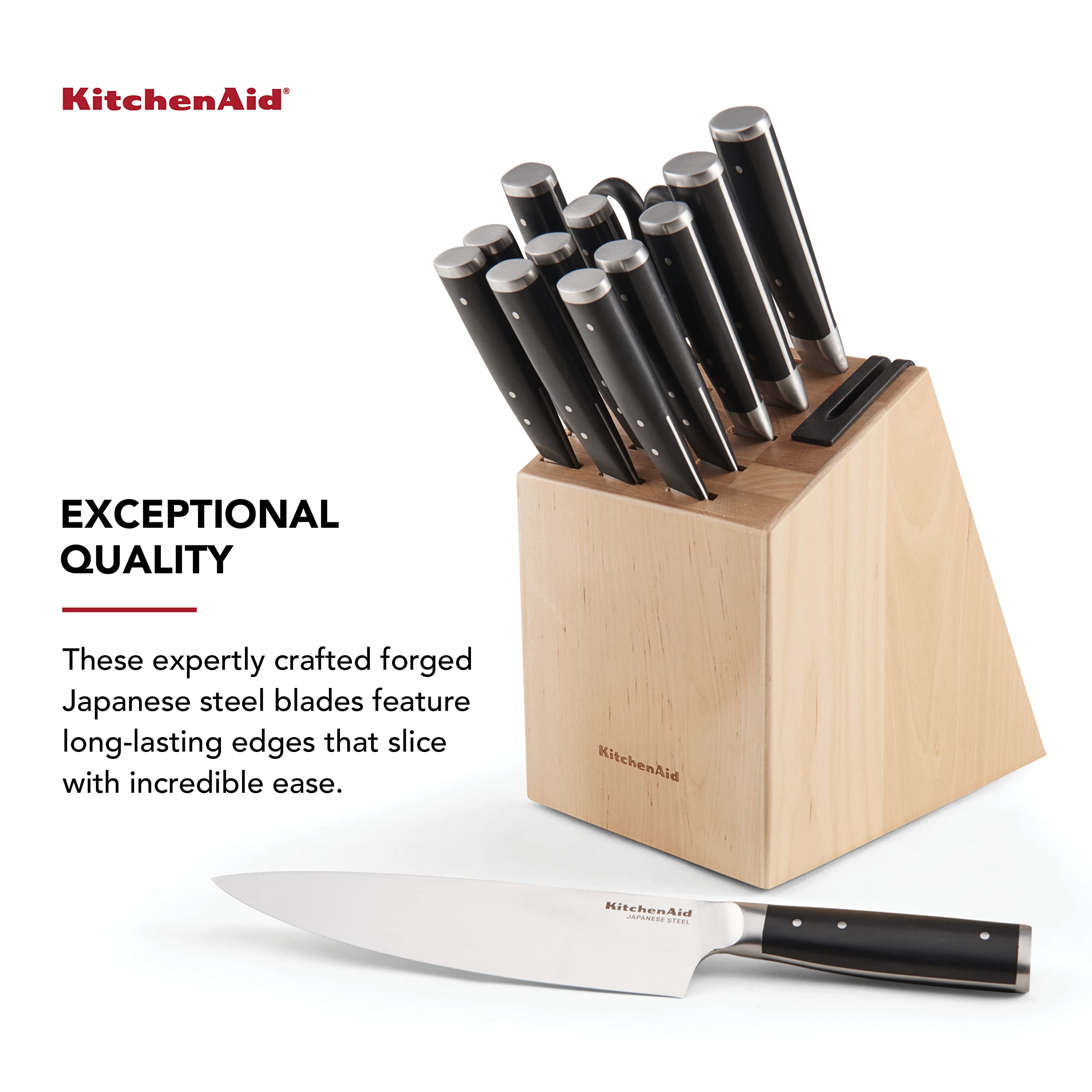 KitchenAid Gourmet 14-Piece Forged Triple Rivet Block Set with Built-in Knife Sharpener, Natural & Universal Tool and Gadget Set, 16 Piece, Black