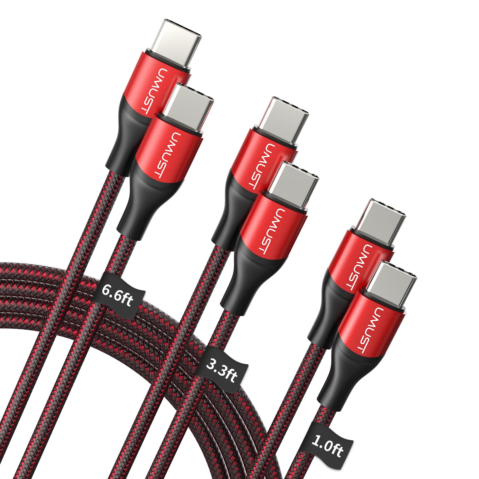 UMUST USB C to USB C Cable 60W,[3Pack 6.6/3.3/1ft] Type C to Type C PD Fast Charger Cable, USB Type-c Cable for MacBook Pro2021/Air M1/iPad Pro2021/Samsung Galaxy S21/Switch/Pixel/LG(Red)