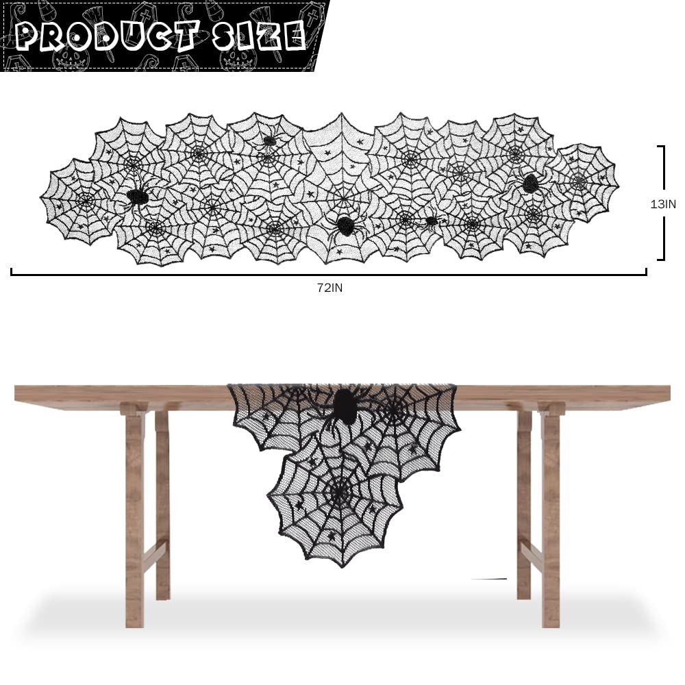 Nialnant Halloween Decoration Table Runner with 12 Pack 3D Bats, Spider Web Black Lace Table Runner for Kitchen Dinner Table, Halloween Party Decoration Indoor - 13 x 72 Inch