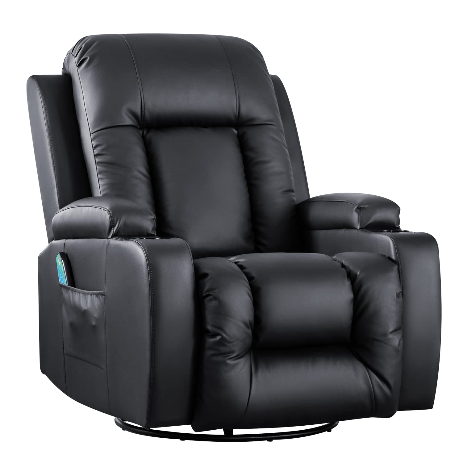 JOMEED Massage Rocking Recliner Chair with Heated 360 Degree Swivel PU Leather Recliner Sofa with Cup Holders for Living Room, Vibration