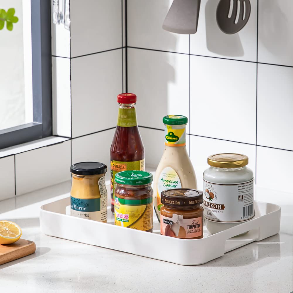 Plastic Serving Tray with Handles Rectangular in White 12.99inchx10.24Inch, Breakfast Tray Reusable Charcuterie, Food, Snack, Dessert Platters, Used in Bedroom, Kitchen, Living Room, Bathroom…