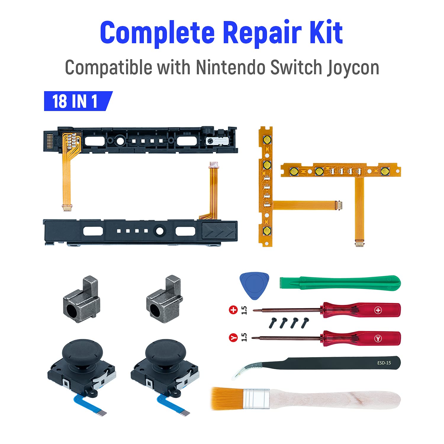 Mcbazel 18 in 1 Replacement Repair Kit for N-Switch Joy-Con with Screwdrivers Opening Tool, 3D Left Right Analog Joysticks, Buckle Lock, Charging Port Slider, Button Sync Flex Cable Set