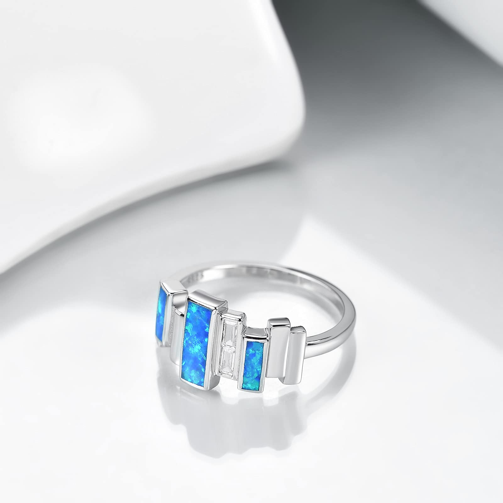 POTOPYY Blue Fire Opal Ring for Women S925 Sterling Silver Created Opal Jewelry Gift, Size 9