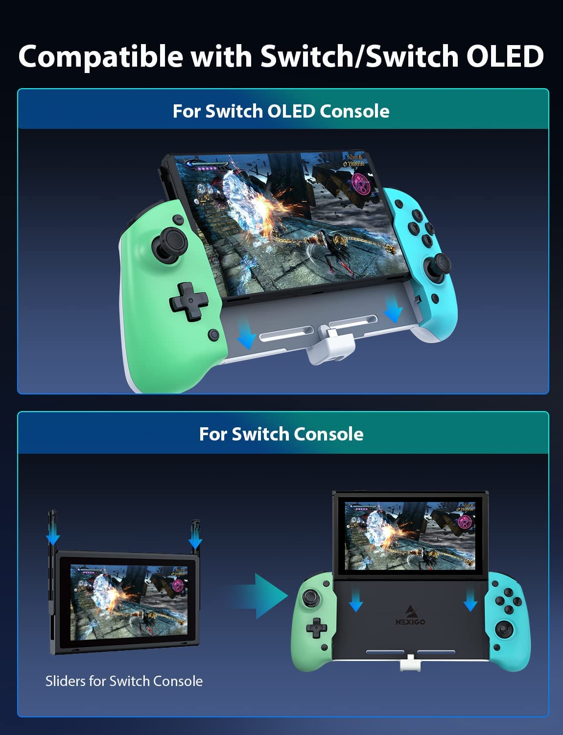 NexiGo Switch Accessories Holiday Bundle, Enhanced Switch/Switch OLED Controller (Green & Blue) for Handheld Mode, 6-Axis Gyro, Mapping, Vibration, Game Storage Case with 10 Game Card Holders