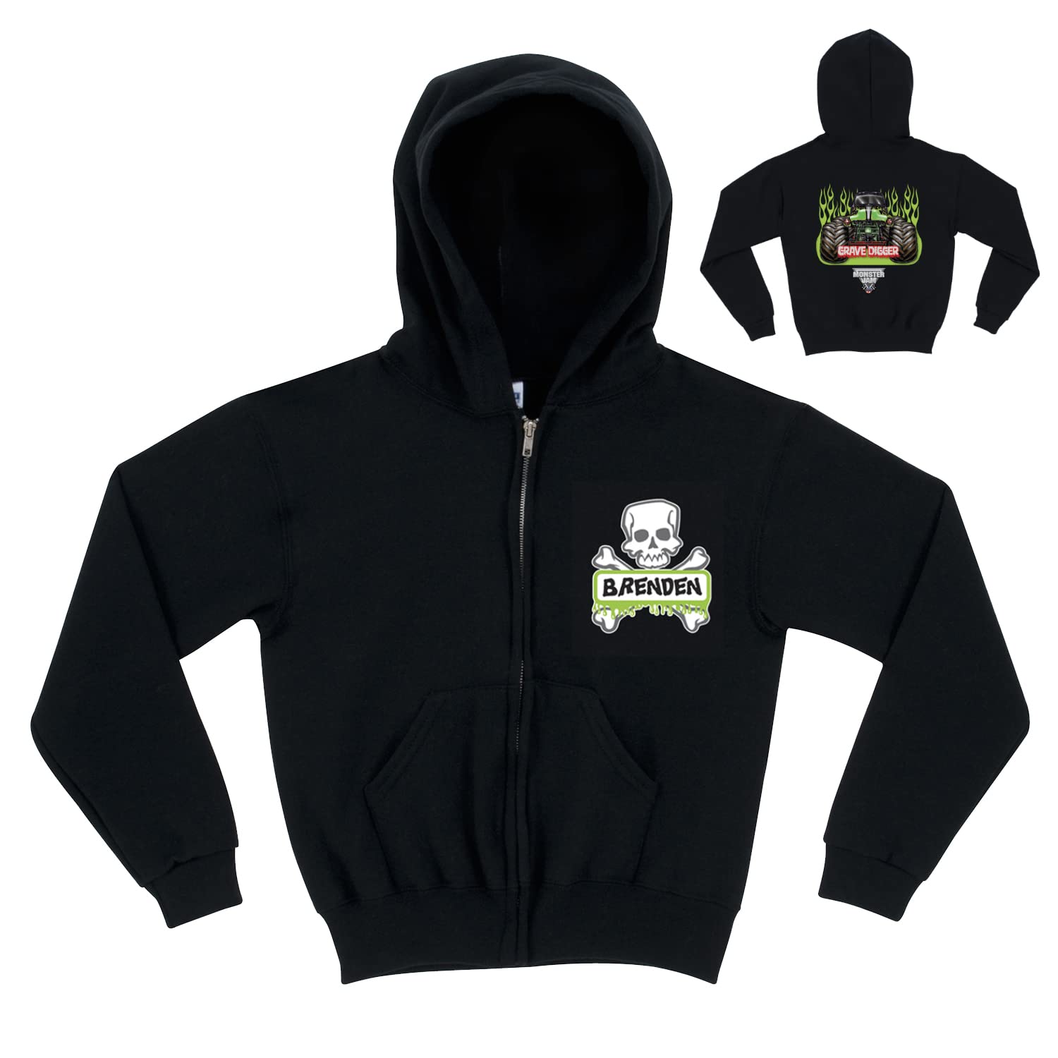 Monster Jam Grave Digger's Crossbones Black Personalized Zip-Up Hoodie with Custom Name Printed | Toddler 5/6T