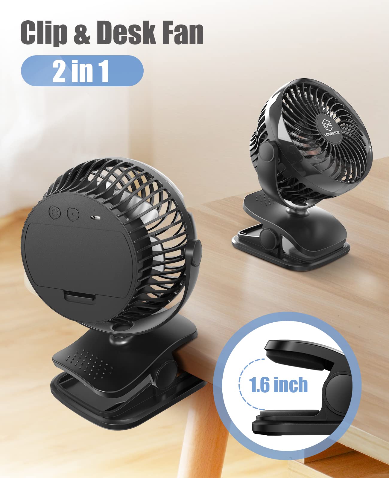 LEMOISTAR AA Battery Operated Clip on Fan, Stroller Fans, USB Powered Portable Desk Fan 4 Speeds Personal Golf Cart, Small Table Fan, Wireless, for Camping Hurricane Office Bed-Black