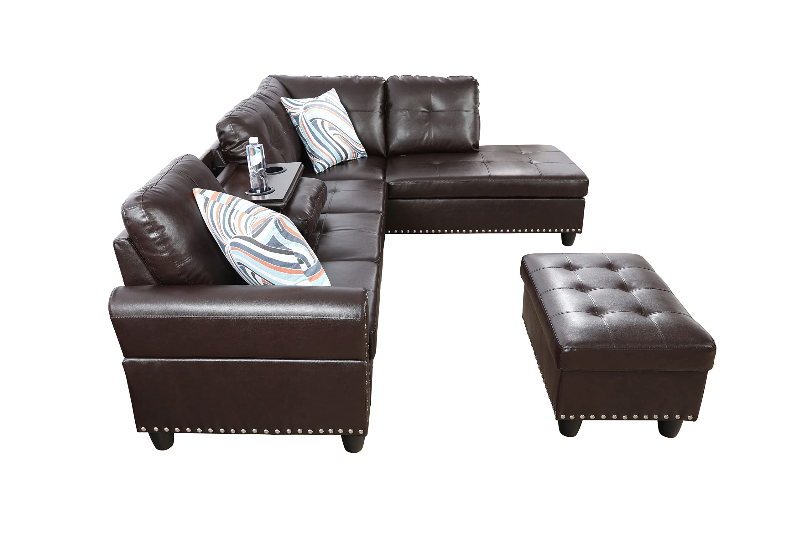 VURAX 3-Piece Faux Leather Sectional Sofas with Left Chaise Longue and Storage Ottoman, Button Tufted Upholstered Couch Set, for Living Room, Home, Office, 97inch, Dark Brown 1