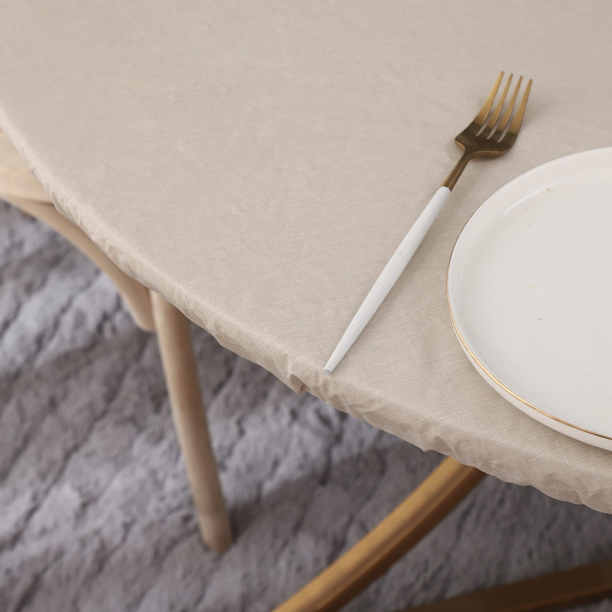 Round Fitted Vinyl Tablecloth with Elastic Edge Flannel Backed Waterproof Oil-Proof Table Cover Stain-Resistant PVC Table Cloth for Round Table (Beige, Large Round Fits Table up 45"-56" Diameter)