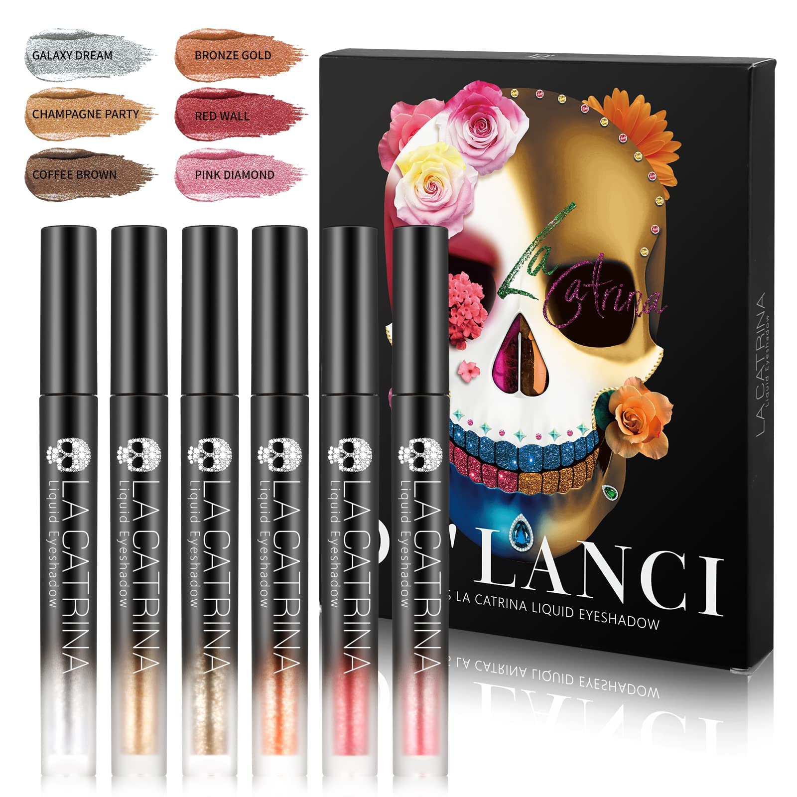 La Catrina DE'LANCI Liquid Glitter Eyeshadow,6 Colors Glitter Eyeshadow Liquid Set, Metallic High Pigmented Cosmetics Liquid Sparkle Eyeshadow Liquid Eye Makeup Christmas