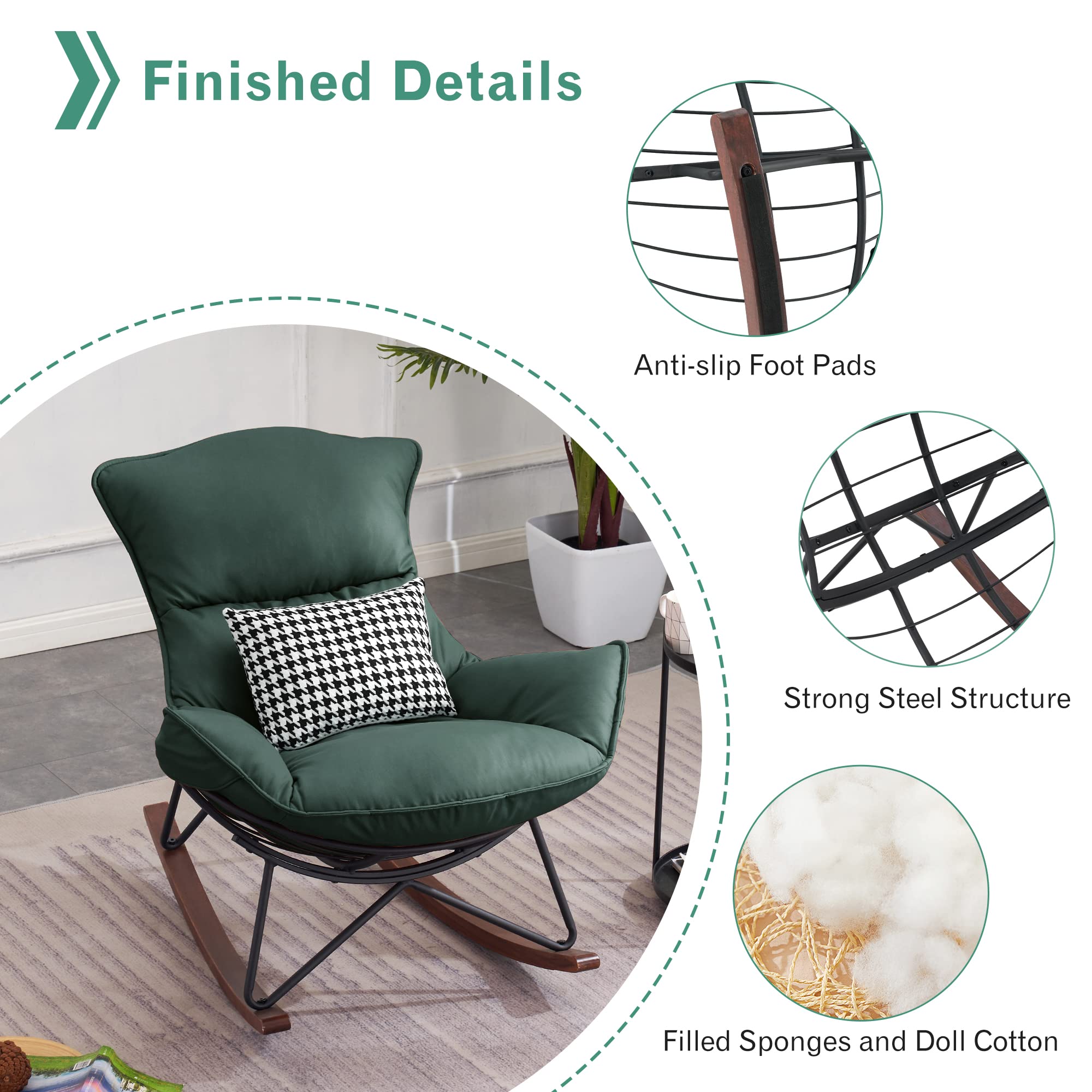 MCombo Modern Rocking Chair, Upholstered Glider Rocker Nursery Accent Chair with Ottoman, Comfy Reading Chairs for Living Room Bedroom Offices (Green)