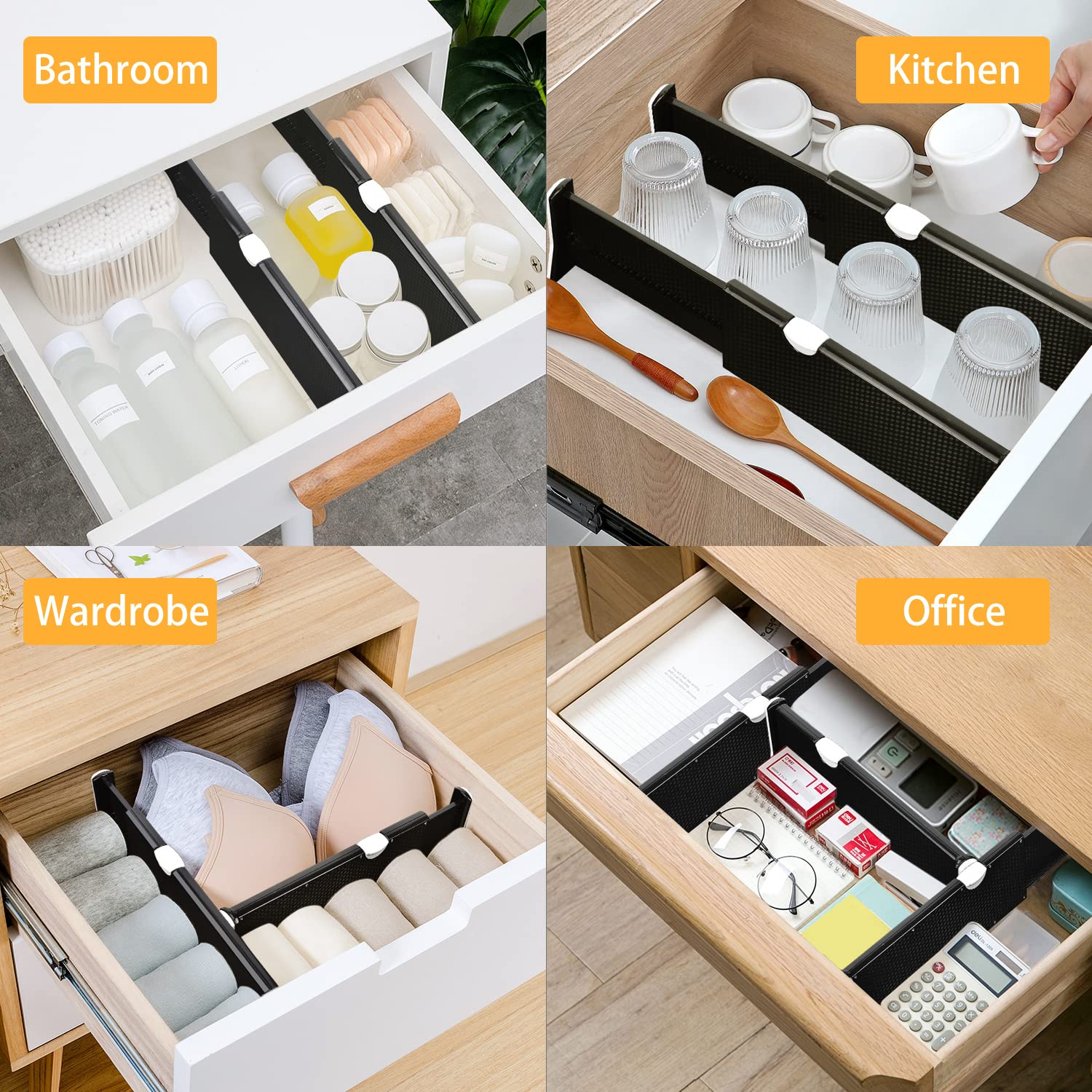 JONYJ Drawer Dividers Organizer 5 Pack, Adjustable Separators 4" High Expandable from 11-17" for Bedroom, Bathroom, Closet,Clothing, Office, Kitchen Storage, Strong Secure Hold, Foam Ends(Black)