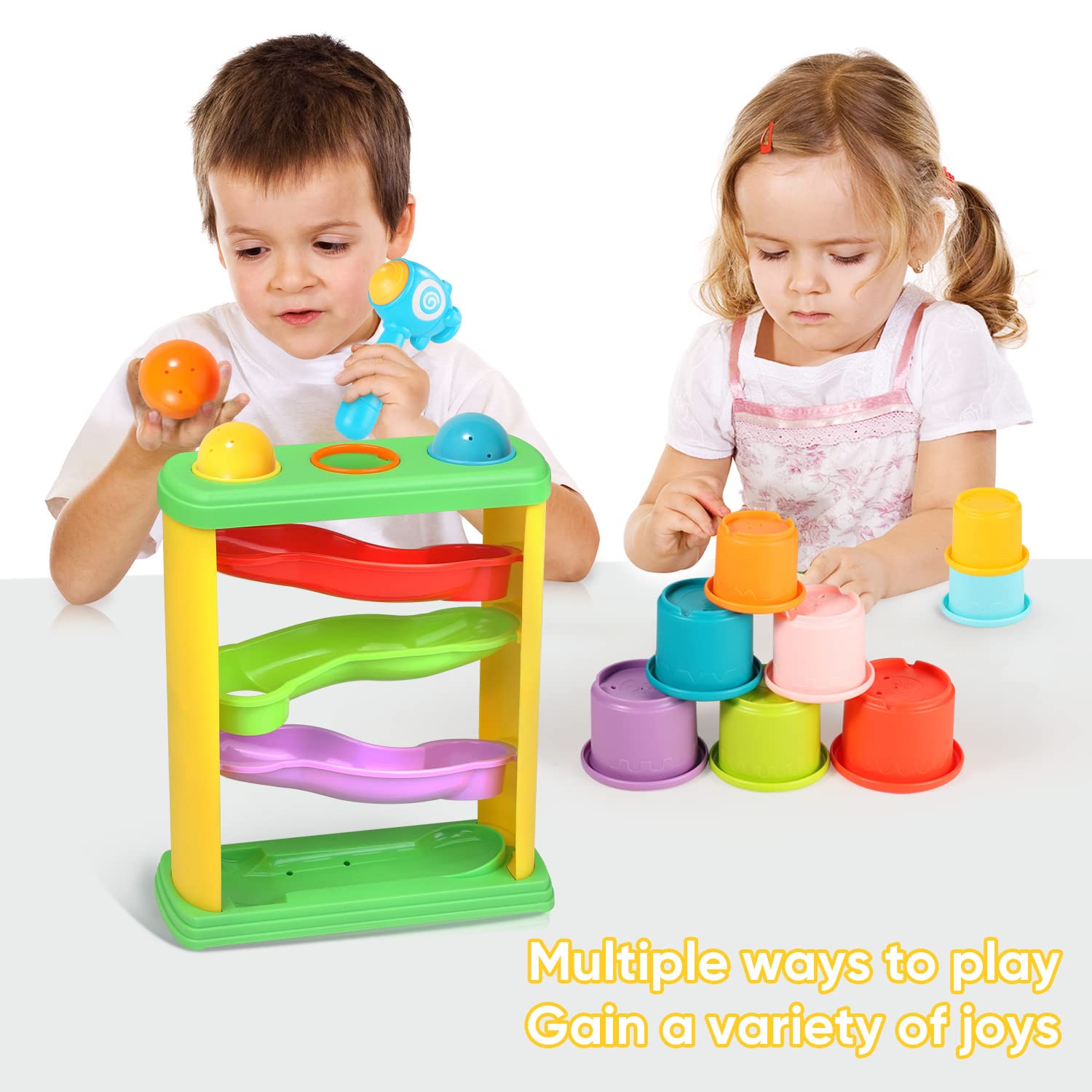 Pound a Ball with Blue Rocket Hammer + 8 Stacking Cups for 1 Year Old Boys and Girls|Durable Pound & Roll for Toddler Age 1 2 3|Montessori Educational Learning Set|Birthday Gift for 12-18 Months Baby