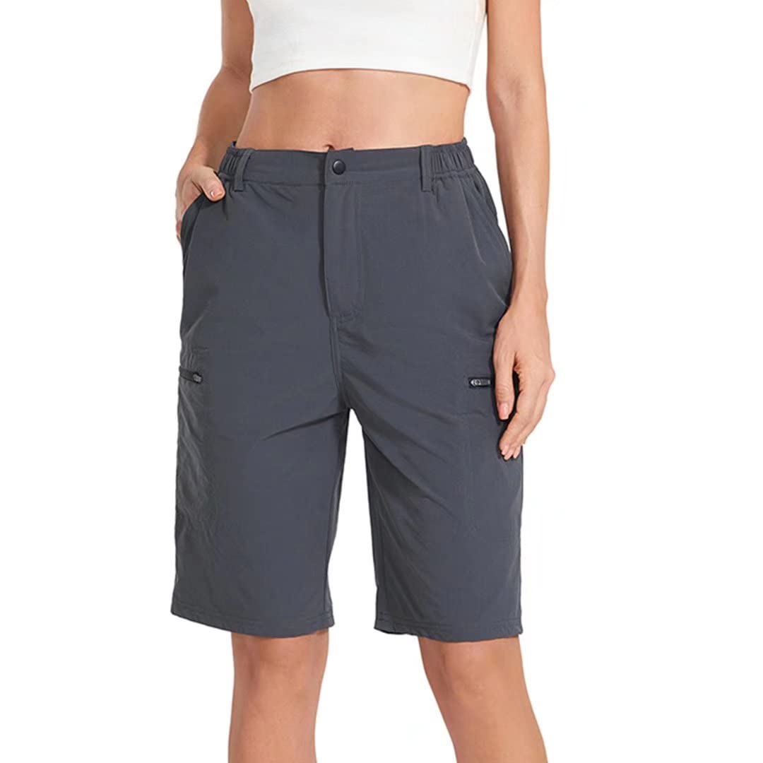 MONSTER VALLEY Women's Hiking Cargo Shorts 10" Lightweight Quick Dry Summer Bermuda Golf Shorts Outdoor Travel Water Resistant, Grey, Large