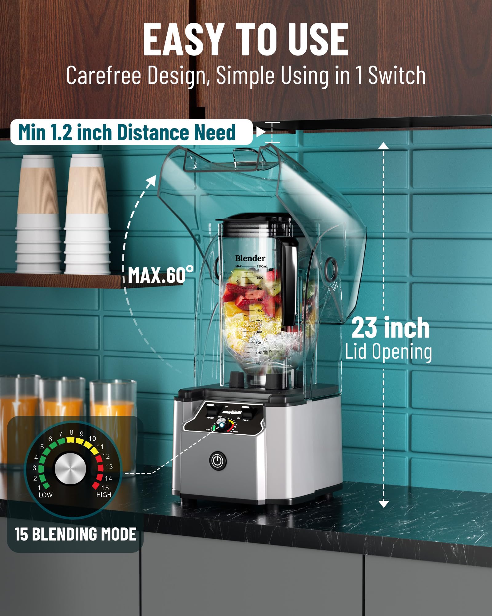 WantJoin Professional Commercial Blender With Shield Quiet Sound Enclosure 2200W Industries Strong and Quiet Professional-Grade Power, Self-Cleaning,Grey