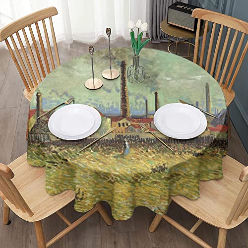 Round Waterproof Tablecloth Van-Gogh-Factories-at-Asni¨¨res-Viewed-from-the-Clichy's-Quay,-Paris-[1887]- for Kitchen Dining/Party/Wedding Use Reusable Table Cover