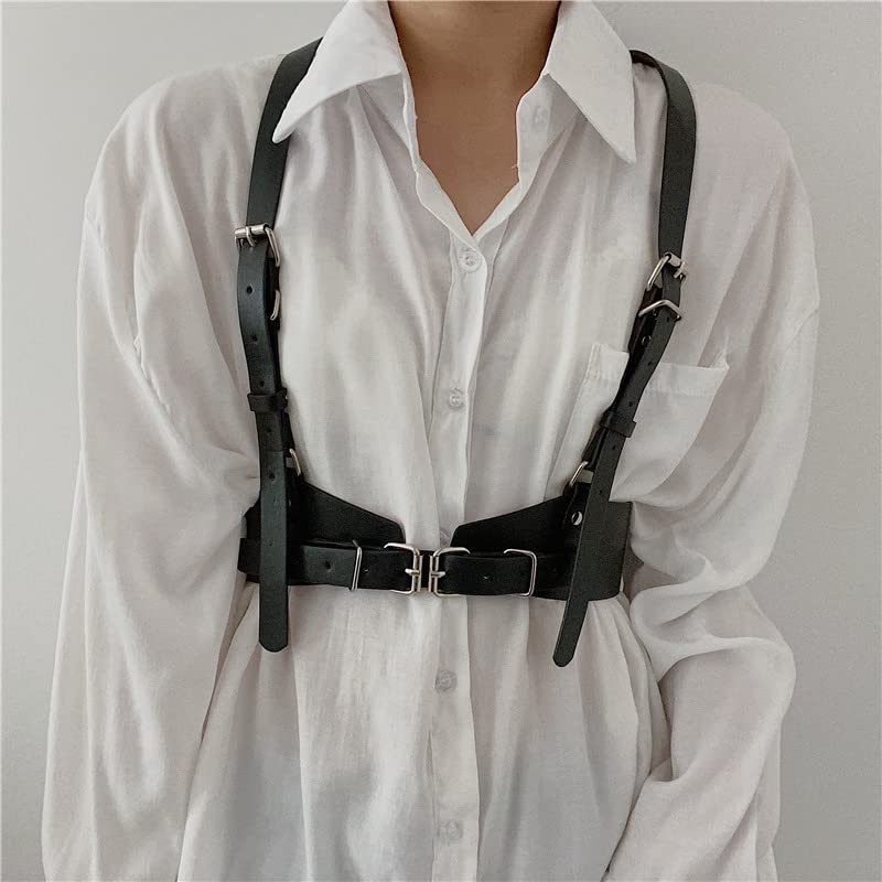 Punk Belly waist body chain black leather goth belt for women with strap on plus size BL1 (black, 34"-43")