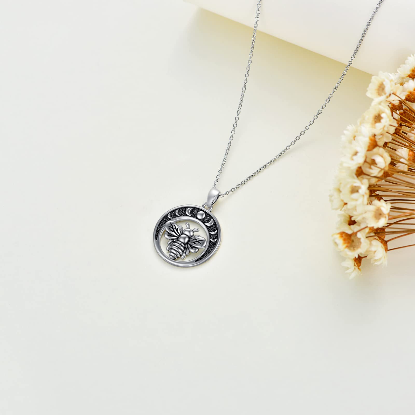 PLATYCO Bee Necklace 925 Sterling Silver Moon Phase Bee Pendant Necklace Bee Jewelry Gift for Women