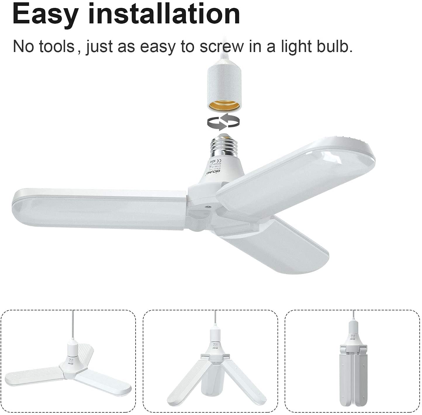 LED Garage Lights 45W 4500LM Deformable Led Garage Ceiling Lighting 3 Fan Blade E27/E26 LED Bulb Adjustable LED Corn Shop Lights for Warehouse,Garage,Workshop,Barn,Full Area,Basement (1 Set)