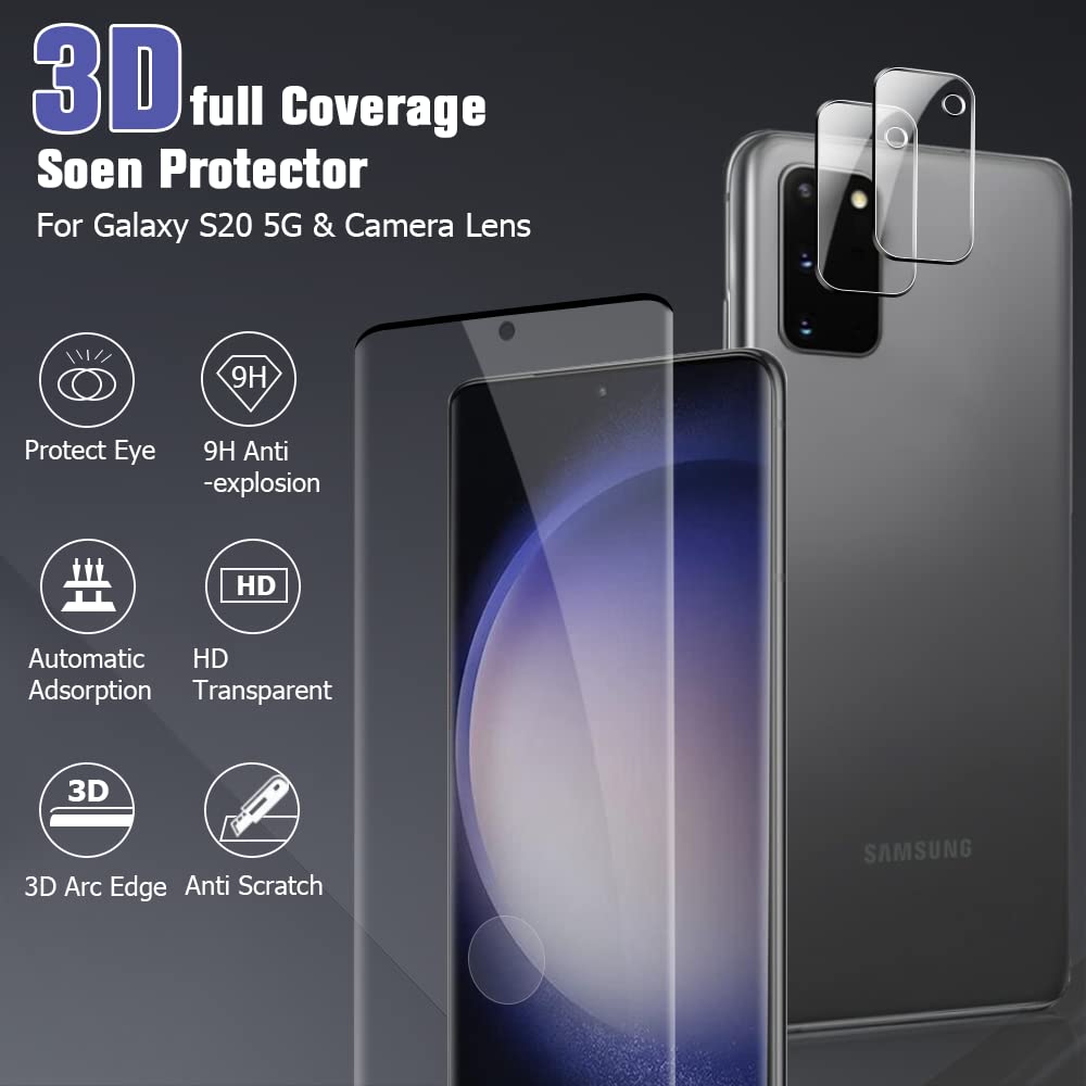 LETANG [2+2Pack] Galaxy S20 Screen Protector Tempered Glass + Camera Lens Protector [9H Hardness][Compatible Fingerprint] 3D Curved HD Clear Glass Film For Samsung Galaxy S20 5G 6.2 Inch