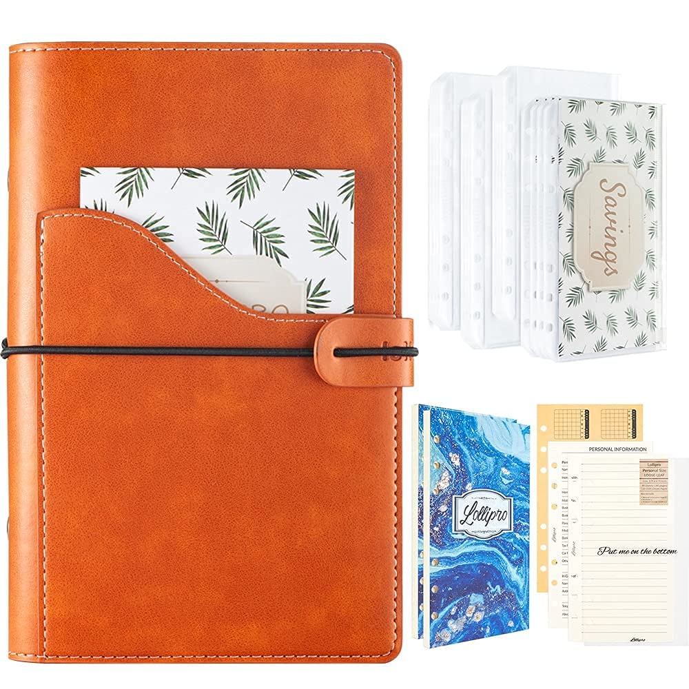 Lollipro Orange A6 Personal Size PU Leather Budget Notebook Wallet Saving Money Organizer and 2 Pakc of Loose Leaf Paper