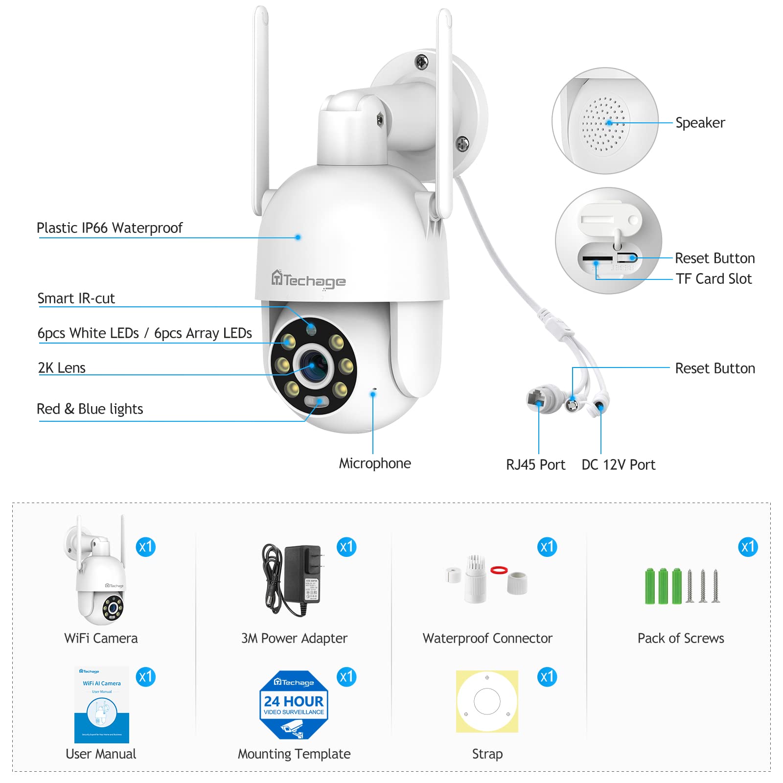 WiFi Security IP Camera, Wireless 4MP Pan Tilt Weatherproof Outdoor Auto Tracking Camera Support Color Night Vision, Alexa, Siren Alarm, Spotlight Human Motion Detection, 2 Way Audio, Cloud/SD
