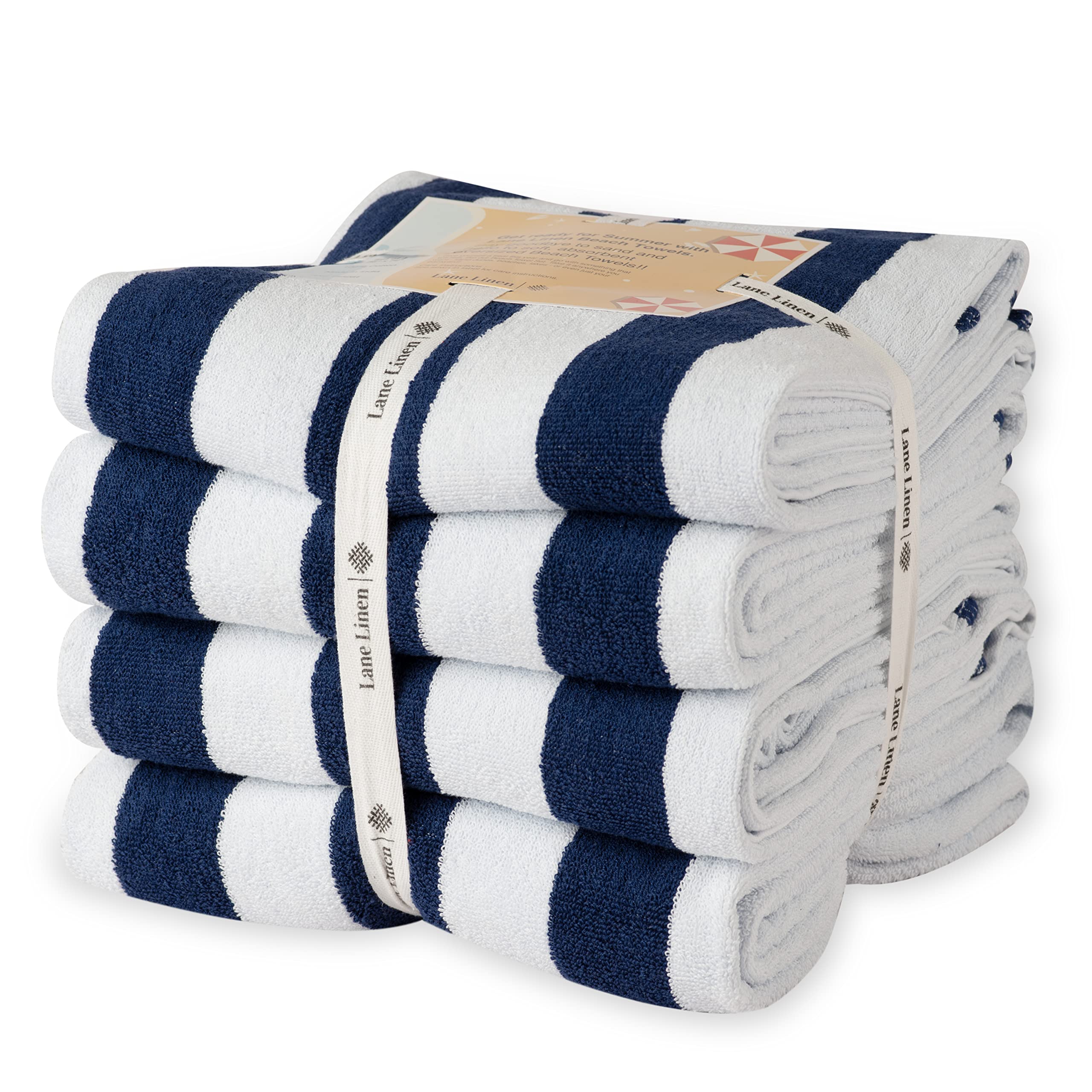 LANE LINEN Beach Towel Set of 4-100% Cotton Beach Towels, Cabana Stripe Pool Towels, Oversized Beach Towels for Adults (30" x 60β), Highly Absorbent, Large Beach Towels, Quick Dry Towel - Blue