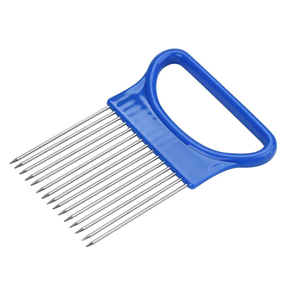 Kitchen Cutting Tool Slicer, Tomato Onion Vegetables Slicer Cutting Aid Holder Guide Slicing-Cutter Stainless Safe-Fork (Blue, One Size)