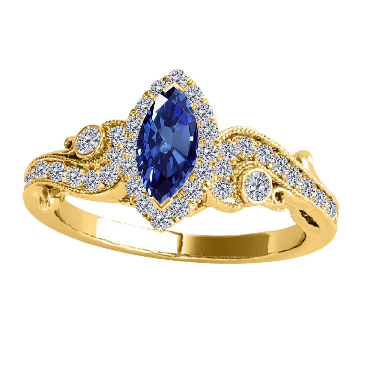 MauliJewels 3/4 Carat Marquise Shape Sapphire & Natural White Diamond Gemstone Ring Prong-Setting 14K Solid Yellow Gold