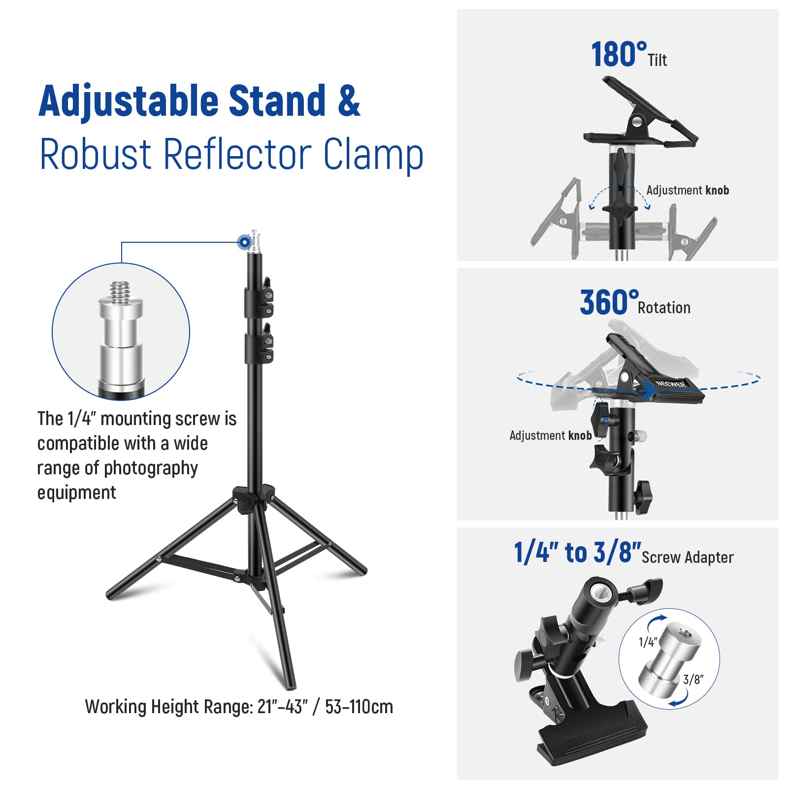 NEEWER 43"/110cm Light Reflector Kit, 5 in 1 Collapsible Round Reflector (Translucent/Silver/Gold/White/Black), Metal Clamp and 21"-43β/53-110cm Short Stand for Low Angle Children Studio Photography