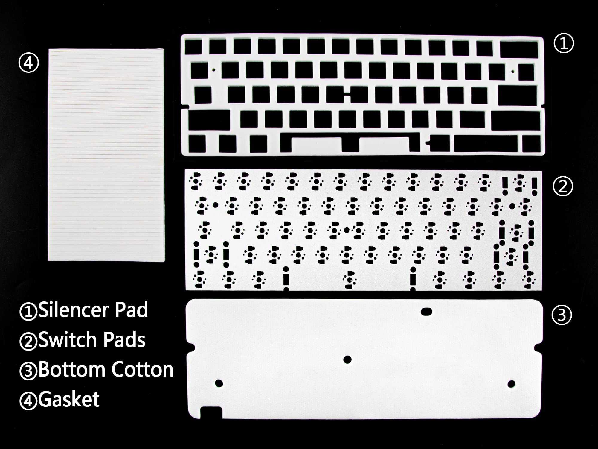 UniCusMech 4 Pieces Set of Silencer Pad Silencer Foam Sound Dampeners Sheet, Compatible with 61 Keys Layout Mechanical Keyboard(Switch Pad, Silencer Pad, Bottom Cotton,Gasket)