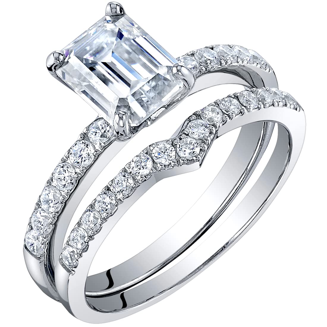 PEORA Moissanite Emerald Cut Engagement Ring and Wedding Band Bridal Set in Sterling Silver, 2 Carat Center, DE Color, VVS Clarity, Size 6.5