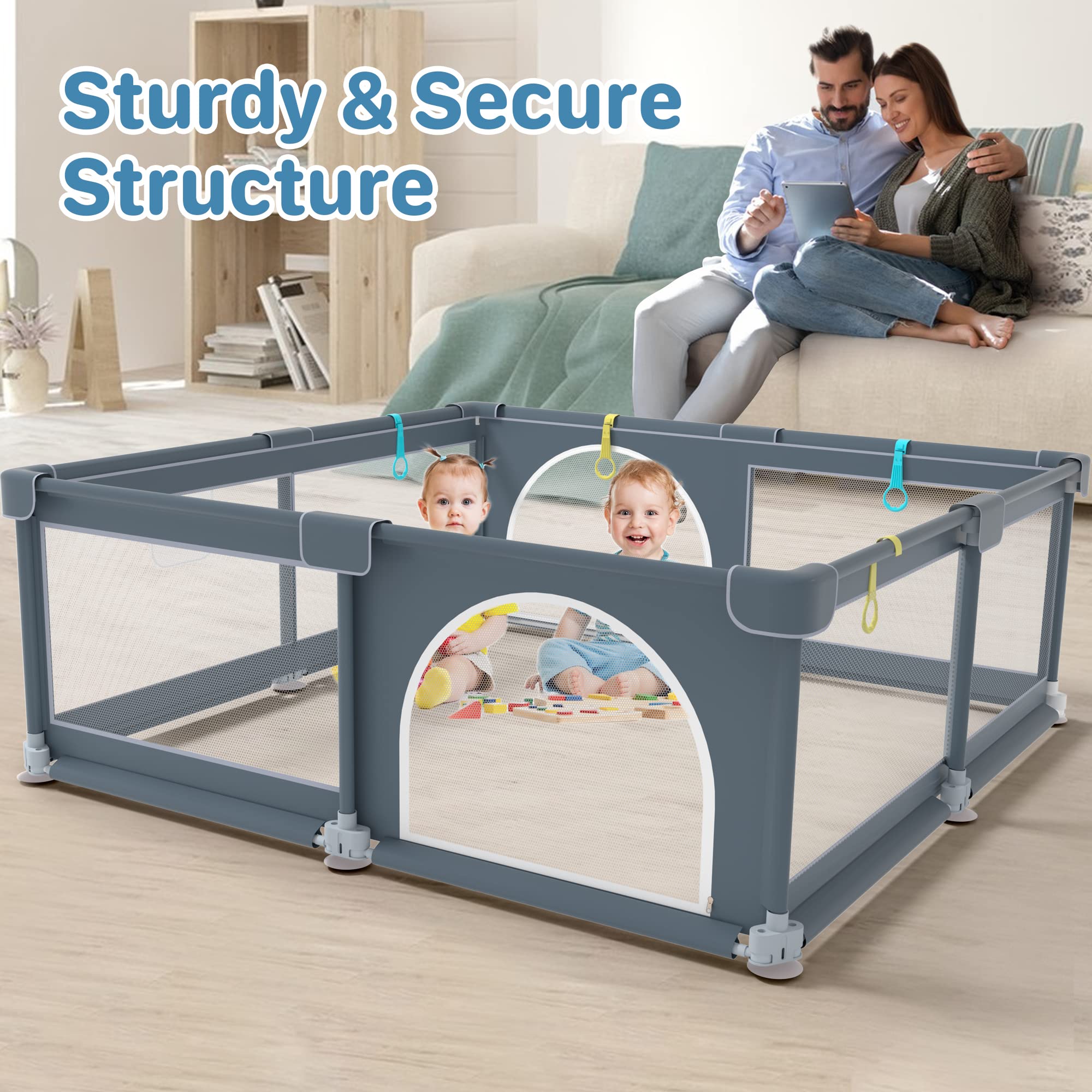MARLBSIDE Foldable Playpen, Extra Large Baby Playpen, Packable & Portable Play Pens for Babies and Toddlers, Baby Play Yards with Breathable Mesh (Grey,71x71inch) HN-669