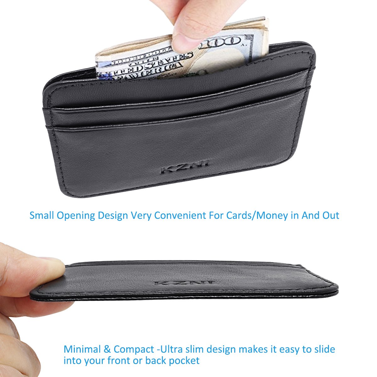 KZNI Money Clip, Front Pocket Wallet Credit Card Holder ID Case,Genuine Leather Slim Wallet for Men Black Thin Small (Black)
