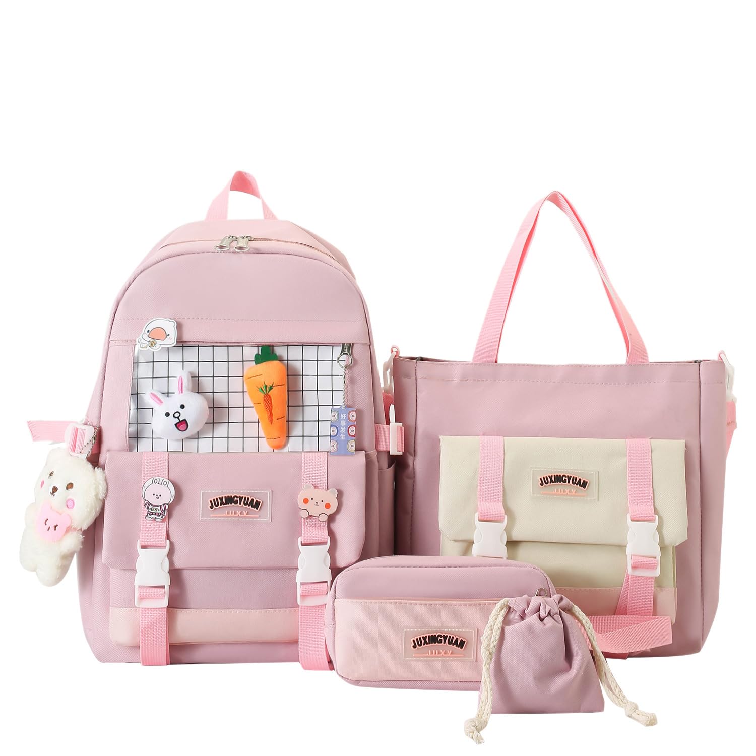josfey 4Pcs Kawaii Backpack Cute Backpack Aesthetic Backpack Preppy Backpack SetKawaii School Supplies with Accessories (Pink)…