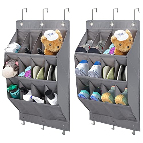 Yiketary 2 Pack Over The Door Shoe Organizer, 12 Large Pockets Hanging Shoe Organizer, Door Shoe Rack with 6 Hooks Shoes Storage Holder for Shoes, Sneakers, and Home Accessories, Grey