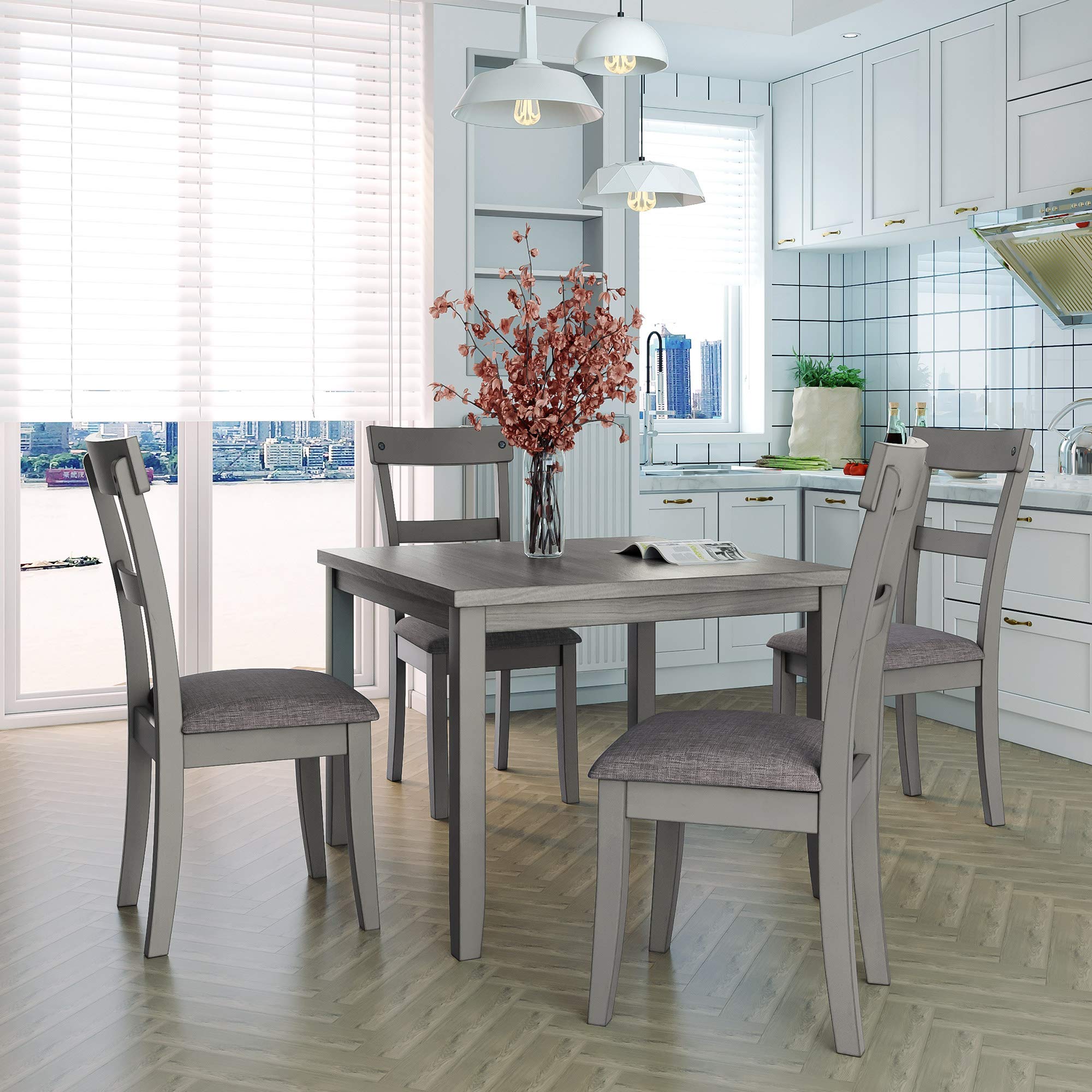 Lepfun Wooden Dining Retro Style 5 Piece, Table and 4 Chairs Home Kitchen Furniture Dinette Set (Grey)
