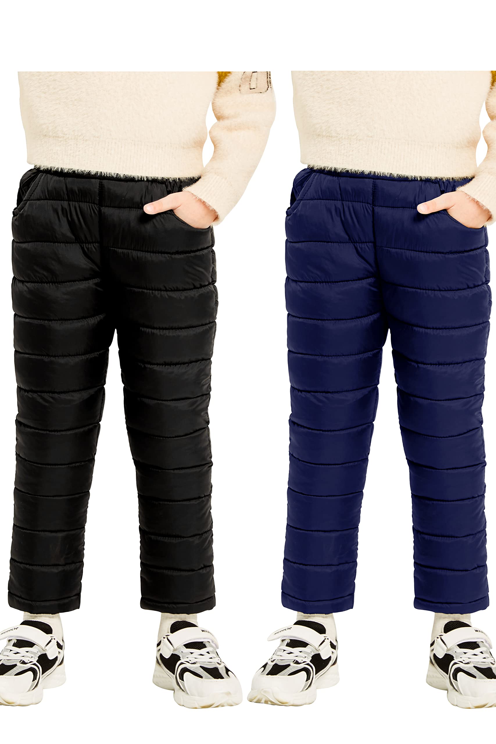Resinta 2 Pack Girls Boys Snow Pants Winter Thick Pants Waterproof Warm Pants, 7-8 Years Black, Navy