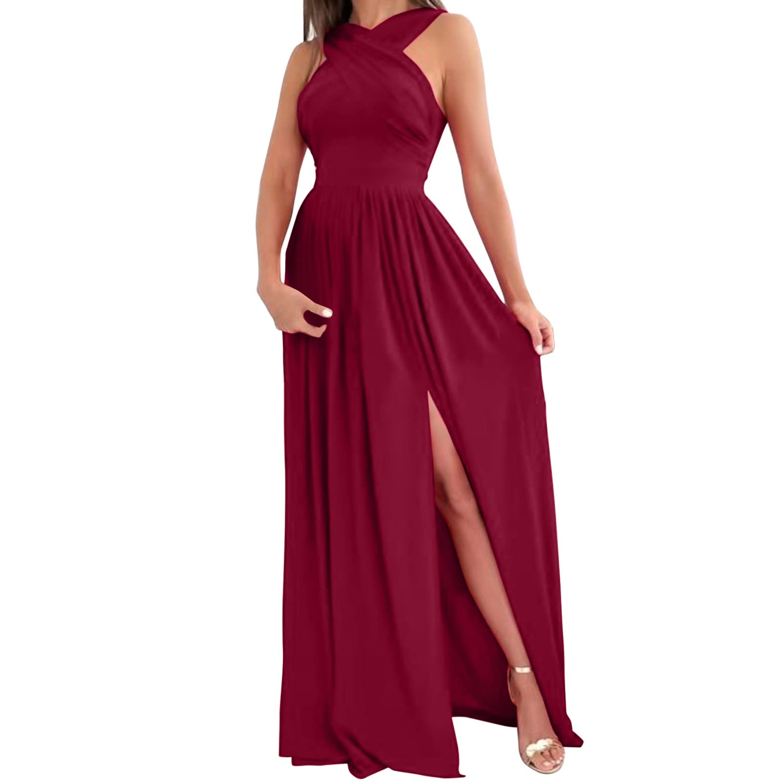 Pinkpaopao Deep V Neck Maxi Dress for Women Solid Color Elegant Swing Dress High Waisted Side Split Long Beach Dress