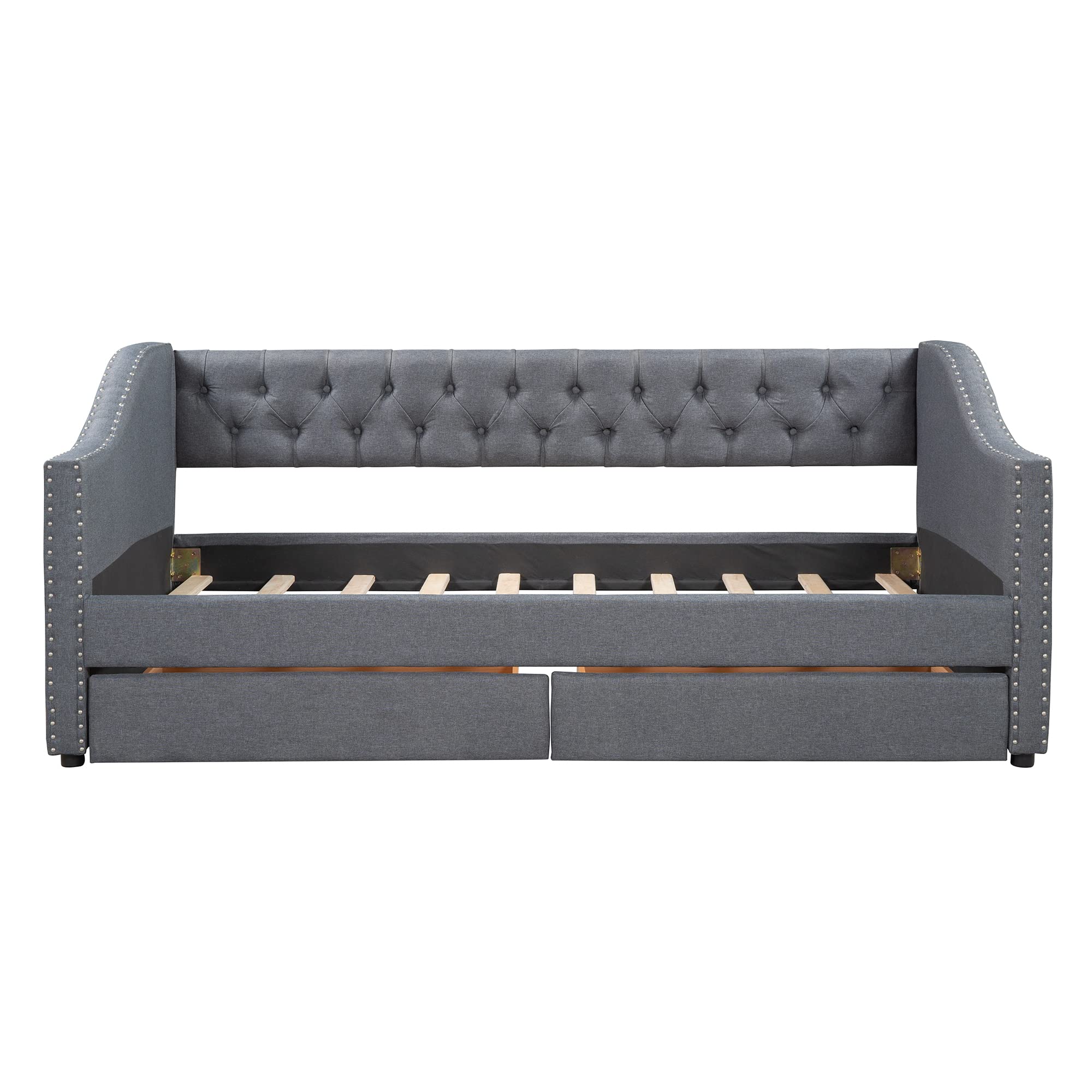 Wakefit Twin Size Upholstered Daybed with Storage Drawers, Solid Wood Sofábed Bed Frame with Linen Fabric & Wood Slat Support for Bedroom, Living Room, Office, No Box Spring Needed, Grey