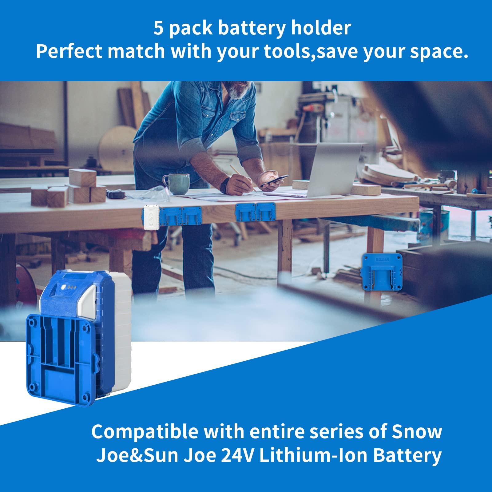Uniqwamo 5 Pack Battery Holder for Snow Joe & Sun Joe 24V Lithium-Ion Battery,Mounts Dock Holder(w/10 Screws)