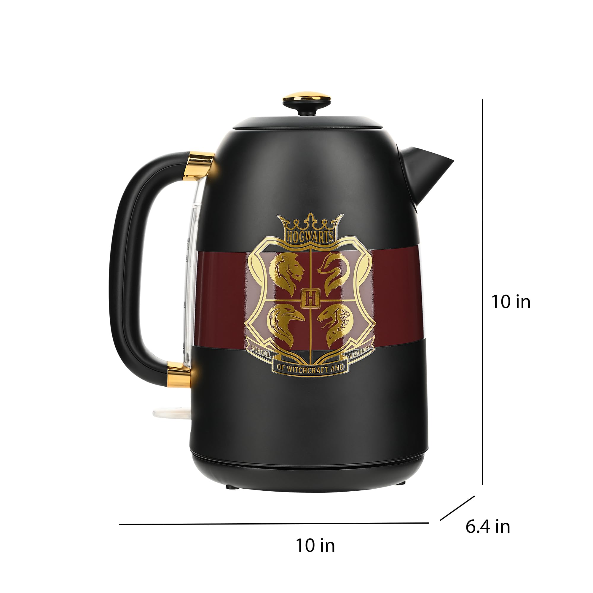 Warner Brothers Harry Potter 1.7L 1500W Electric Kettle by Select Brands - Features Water Window, Auto Shut Off, Boil Dry Protection, 360 Degree Rotating Base, Black and Gold, WBH-677KE
