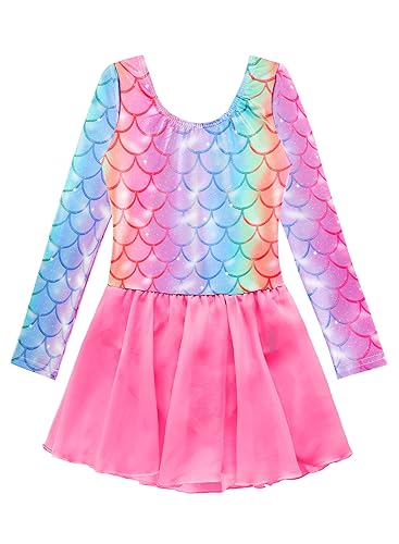 Long Sleeve Leotards for Girls Gymnastics Colorful Stripes Mermaid Size 6-7 Skirts