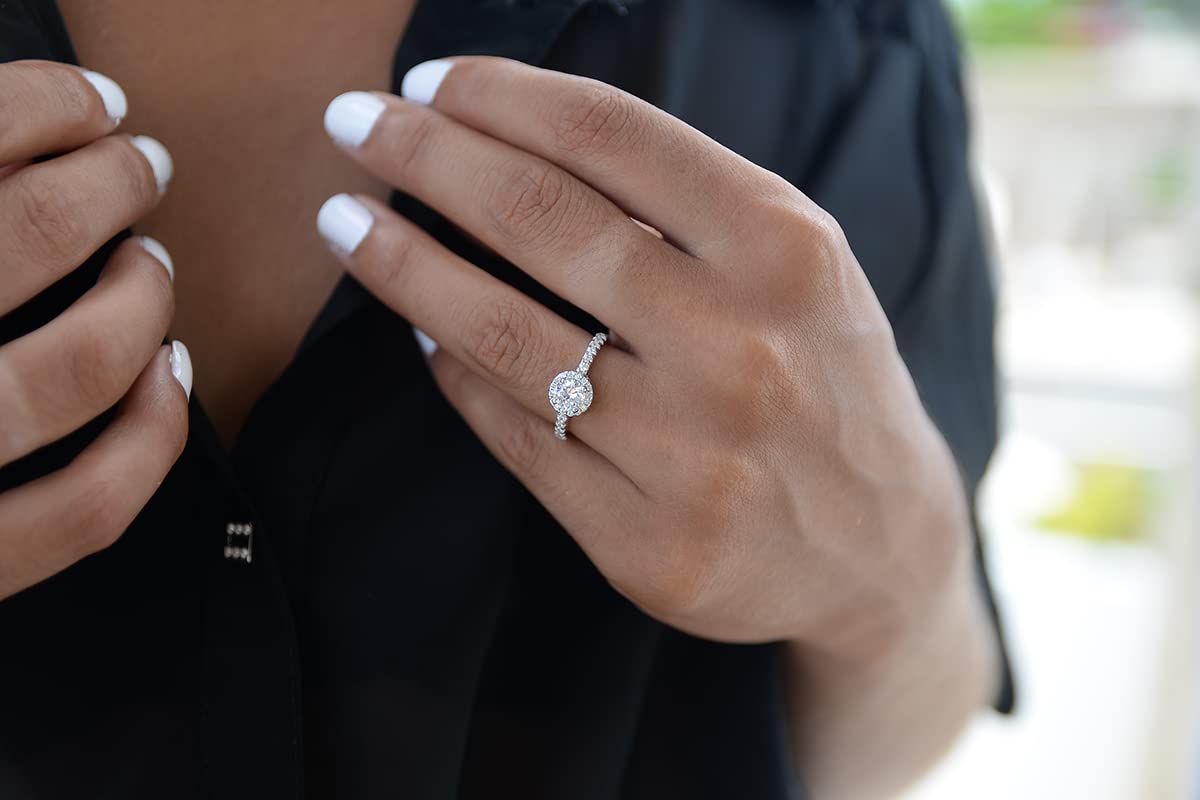 LEMON GRASS 1.22 Ct Round Halo Diamond Engagement Ring with Pave Band in Sterling Silver Clear Cubic Zirconia Stone Size 8