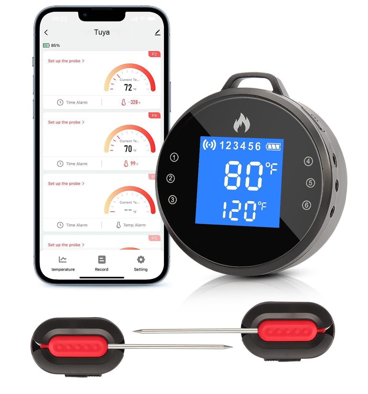 Sanwo WiFi Meat Thermometer with 2 Probes, Digital Wireless Instant Read Smart 2000mAH Rechargeable BBQ Grill Meat Thermometer with Timer, Alarm for Smoker, Oven, Grill, Roast, Kitchen Food Meat